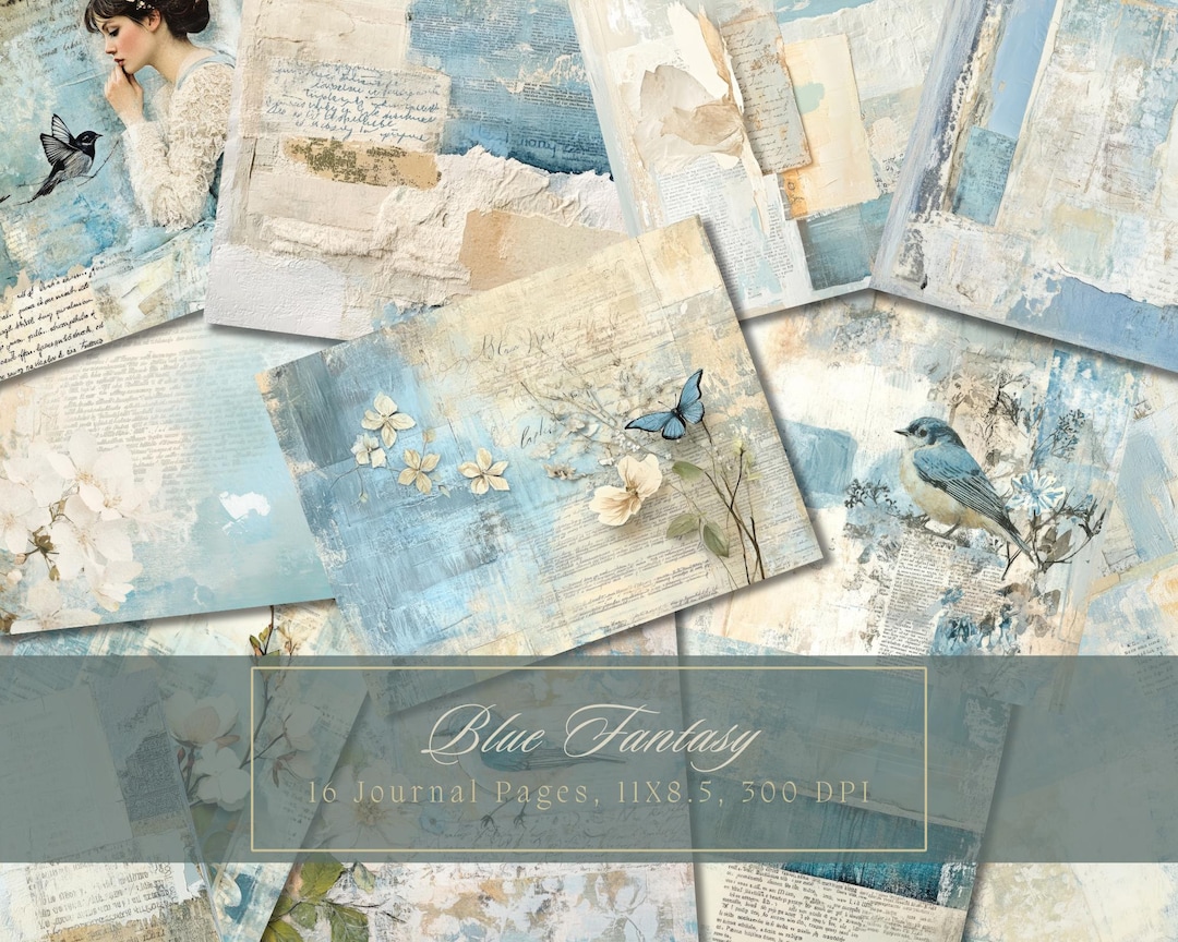 Blue Collage Junk Journal Kit Floral Digital Paper Texture Grunge ...