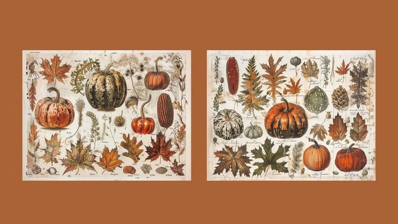 Botanical Autumn Junk Journal Kit Pumpkin Collage Sheet Dry Leaves ...