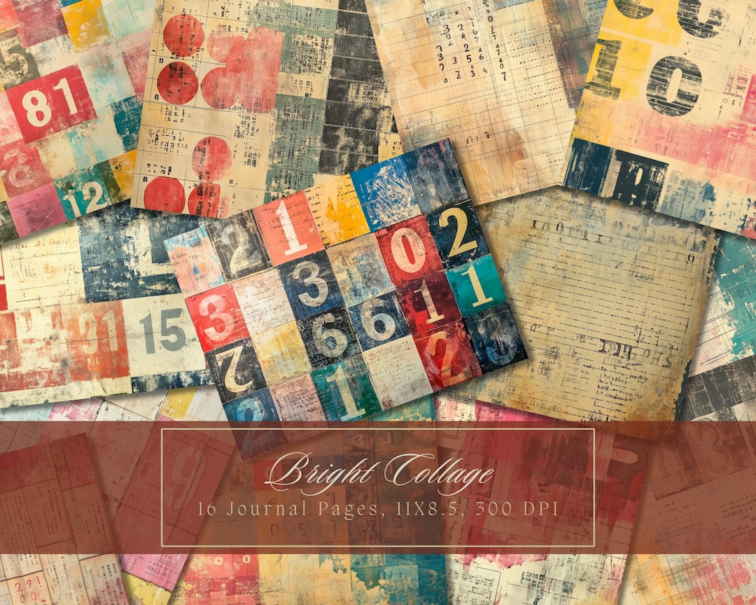 Acid Wash Collage Junk Journal Kit Numbers Printable Pages Grunge Mixed ...