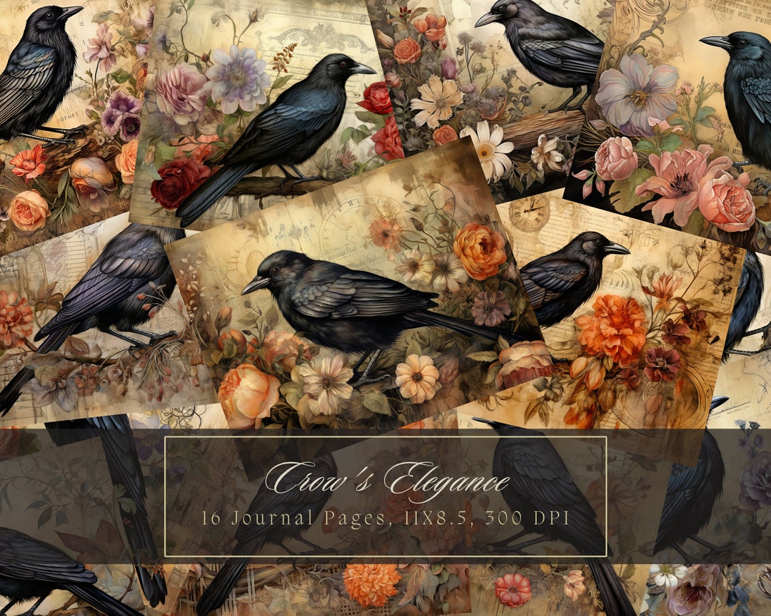 Crows and Flowers Junk Journal Kit Raven Vintage Ephemera Journal Birds ...