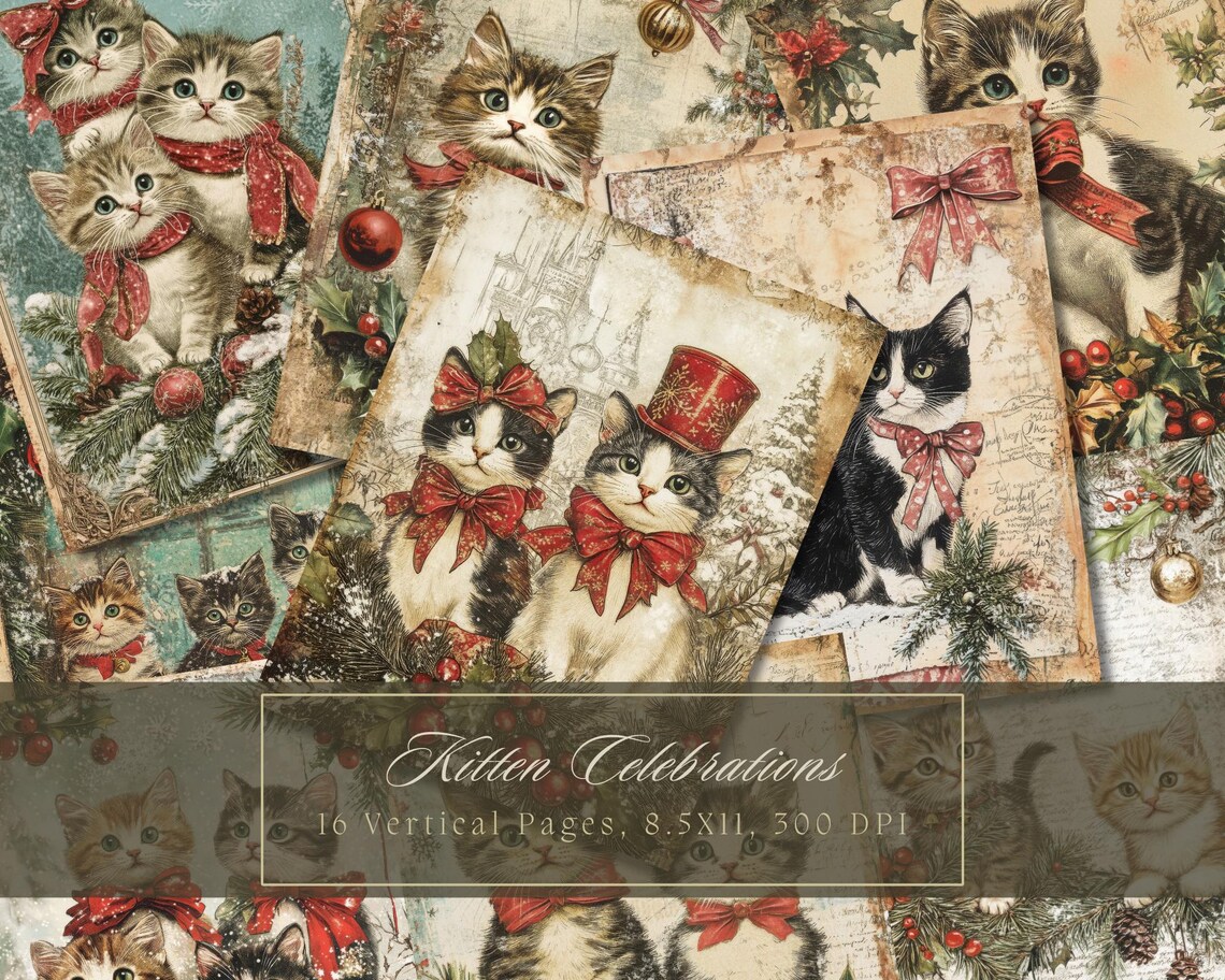 Christmas Cats Junk Journal Kit Watercolor Winter Pages Cat Digital ...