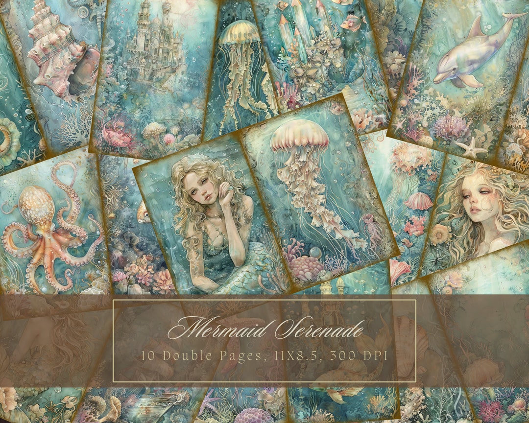 Mermaid Junk Journal Kit Ocean Digital Paper Scrapbooking Watercolor ...