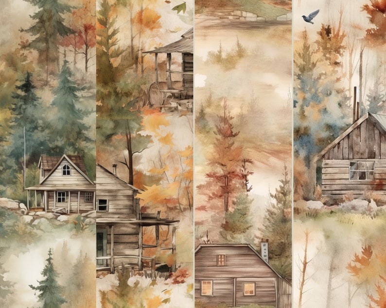 Cabin in the Woods Digital Paper Set Seamless Pattern Watercolor ...