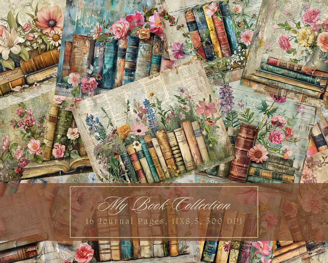 Books and Flowers Junk Journal Kit Watercolor Book Digital Paper ...