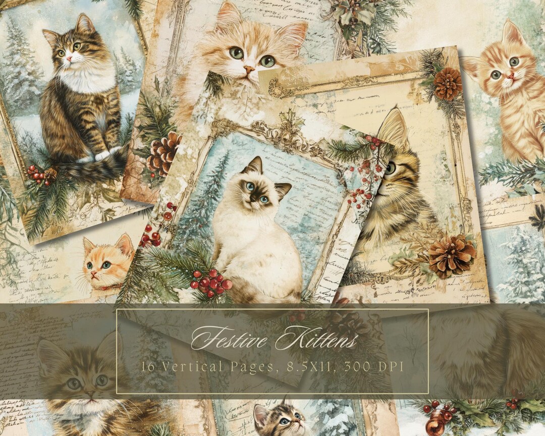 Christmas Cats Junk Journal Kit Watercolor Winter Pages Cat Digital ...