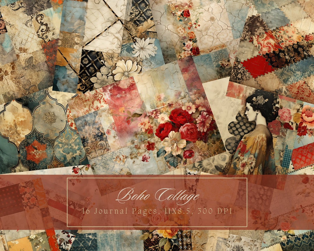 Boho Collage Junk Journal Kit Colorful Printable Pages Bohemian Mixed ...