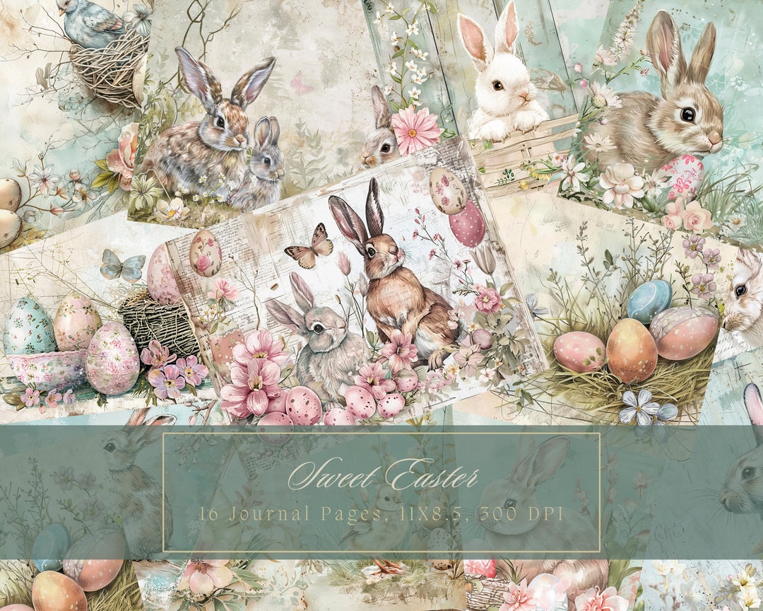 Easter Bunnies Junk Journal Kit Easter Eggs Vintage Ephemera Bunny ...