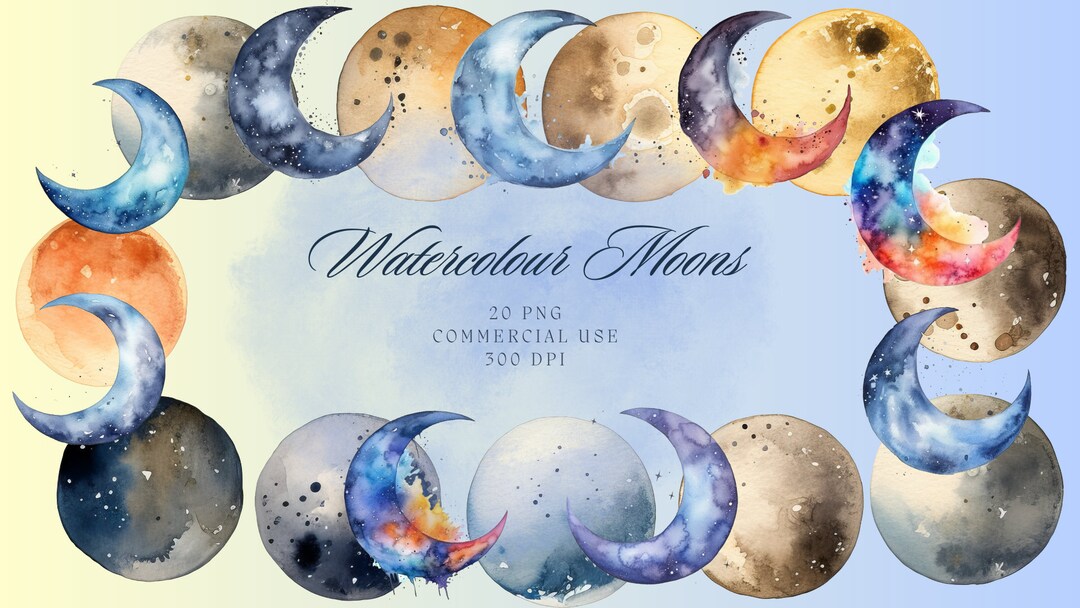 20 Watercolour Moon Clip Art Bundle Crescent Moon Watercolour Nursery ...