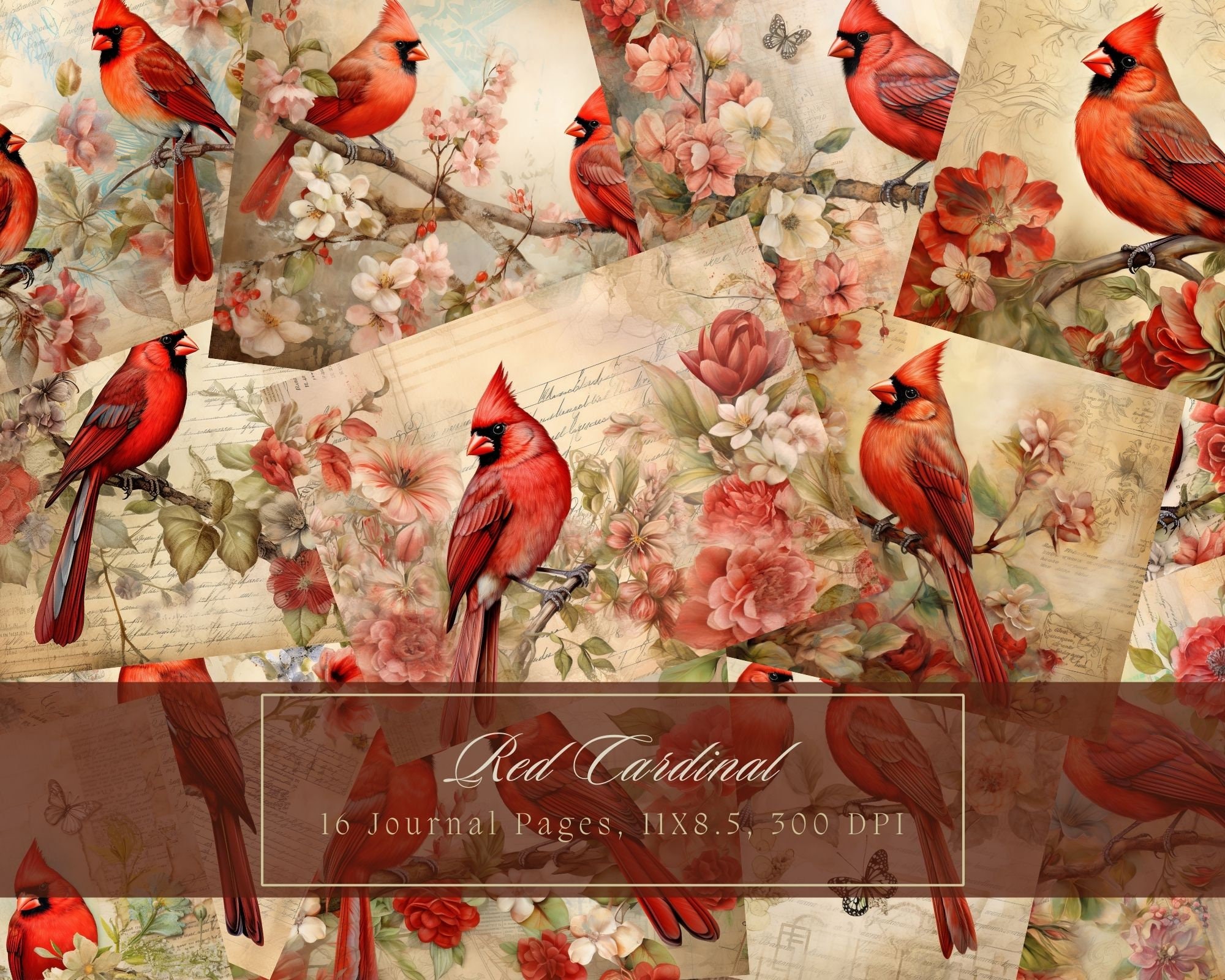 Red Cardinal Birds and Flowers Junk Journal Kit Vintage Ephemera ...