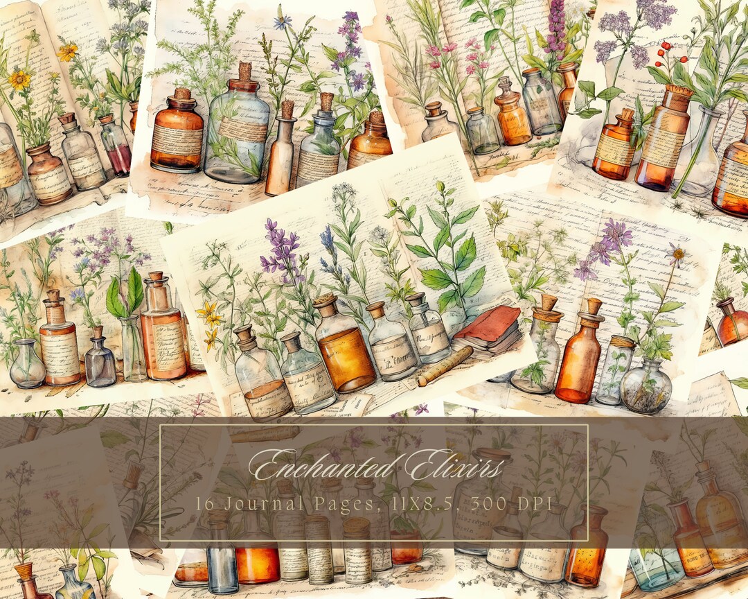 Potions Junk Journal Kit Apothecary Bottles Pages Watercolor Herbs ...
