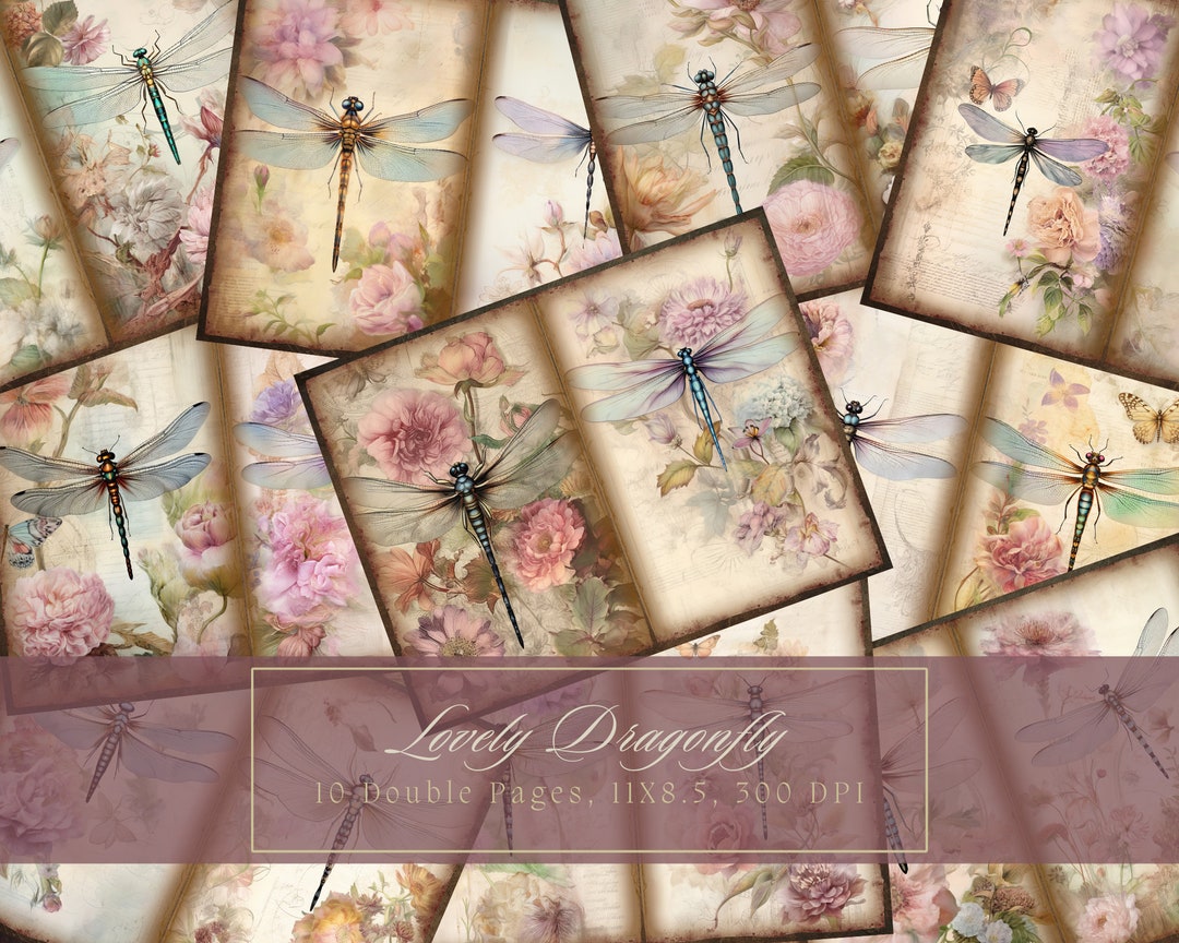 Watercolor Dragonfly Junk Journal Kit Vintage Digital Papers Floral Printable Page for ...