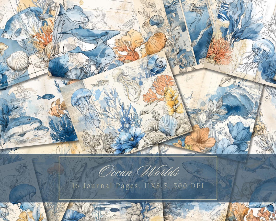 Ocean Junk Journal Kit Fish Digital Paper for Scrapbooking Watercolor ...