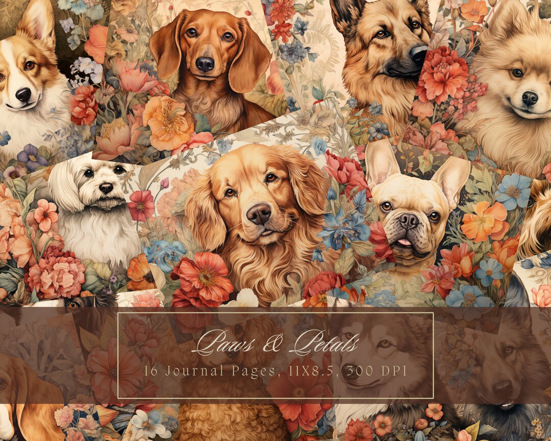 Dogs and Flowers Junk Journal Kit Pet Digital Paper Dogs Journal Page ...
