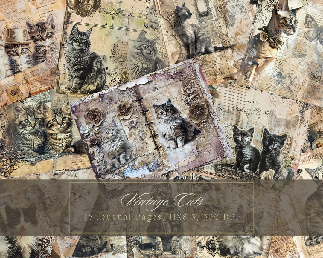 Vintage Cats Junk Journal Kit Grunge Pages Cat Digital Paper for ...