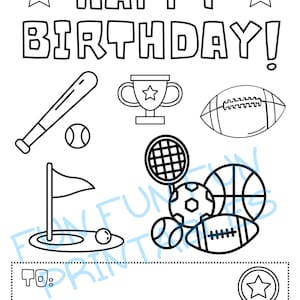 SPORTS: Kids Happy Birthday Card Coloring Sheet Printable - Etsy