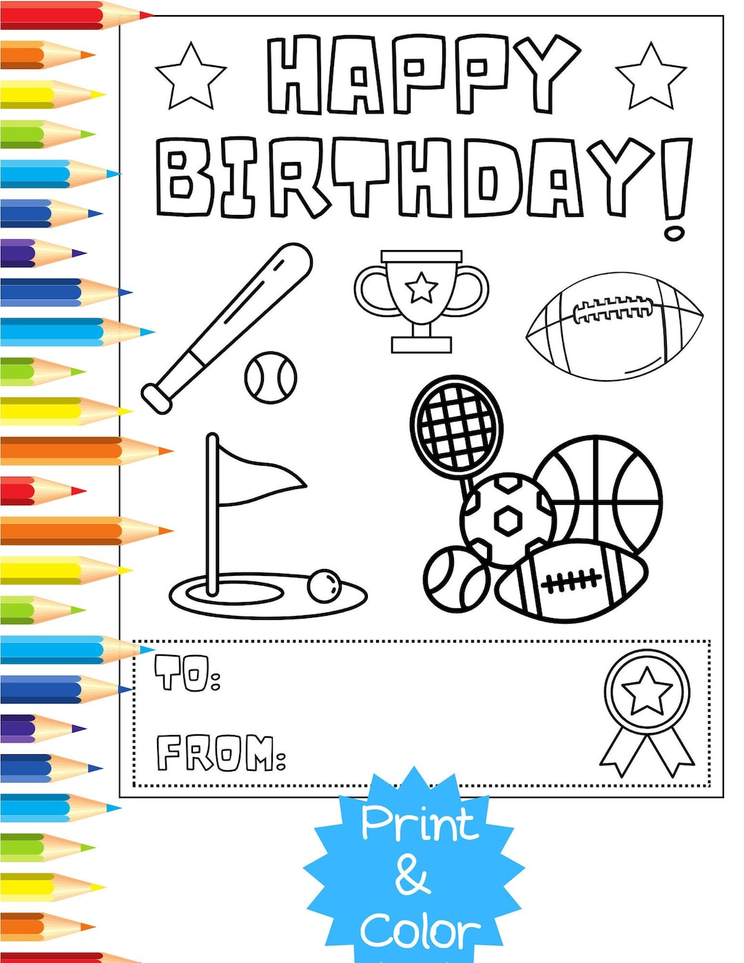 SPORTS: Kids Happy Birthday Card Coloring Sheet Printable - Etsy