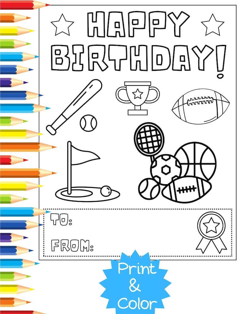 SPORTS: Kids Happy Birthday Card Coloring Sheet Printable - Etsy
