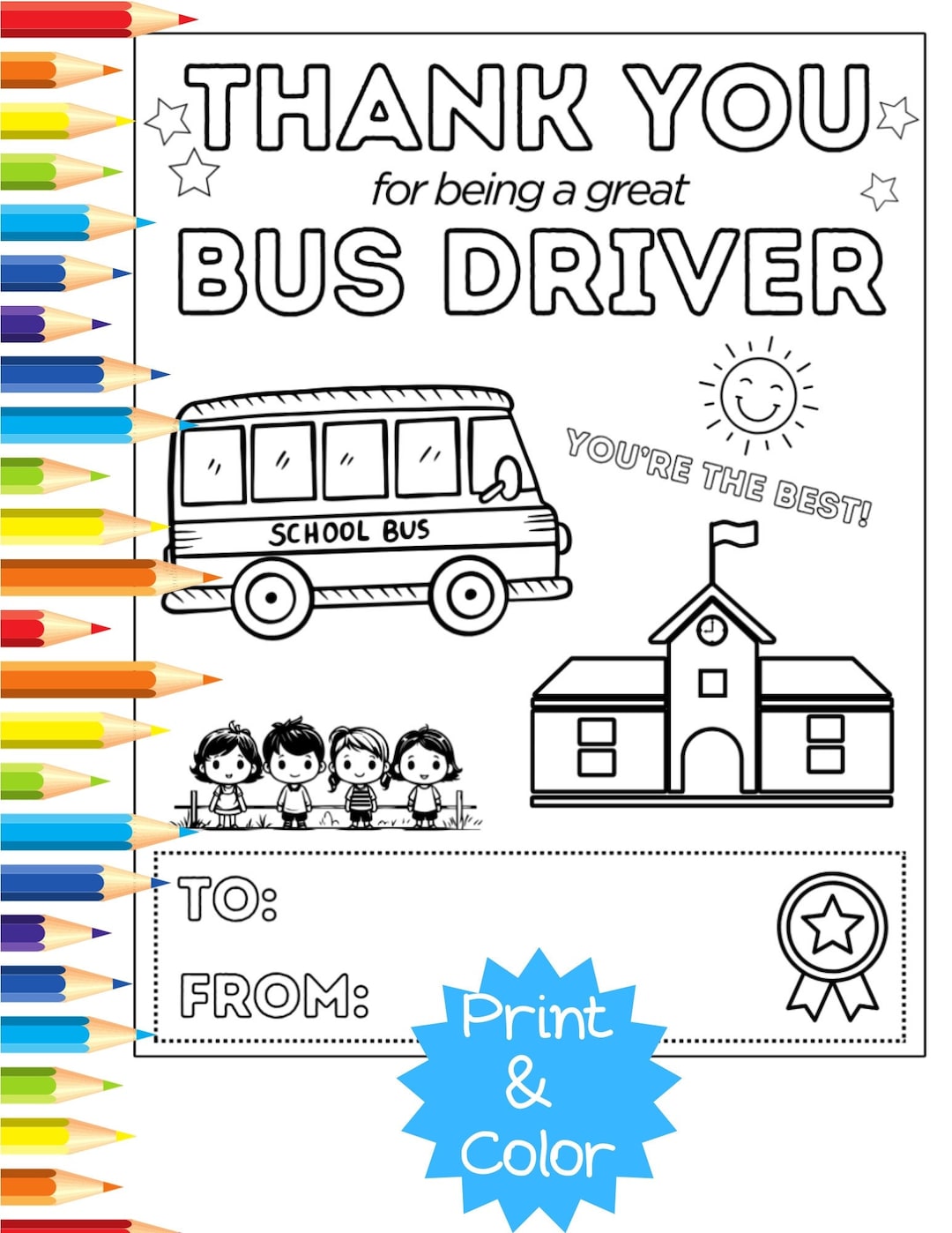 BUS DRIVER: Kids Thank You Coloring Sheet Bus Driver - Etsy