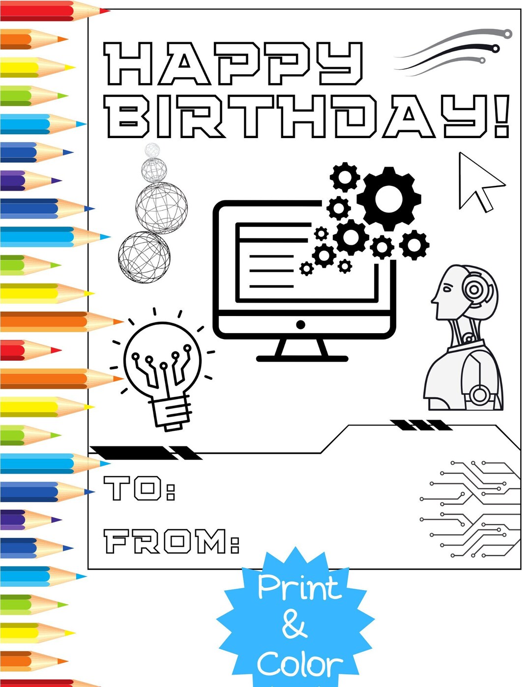 TECHNOLOGY: Kids Happy Birthday Card Coloring Sheet - Etsy
