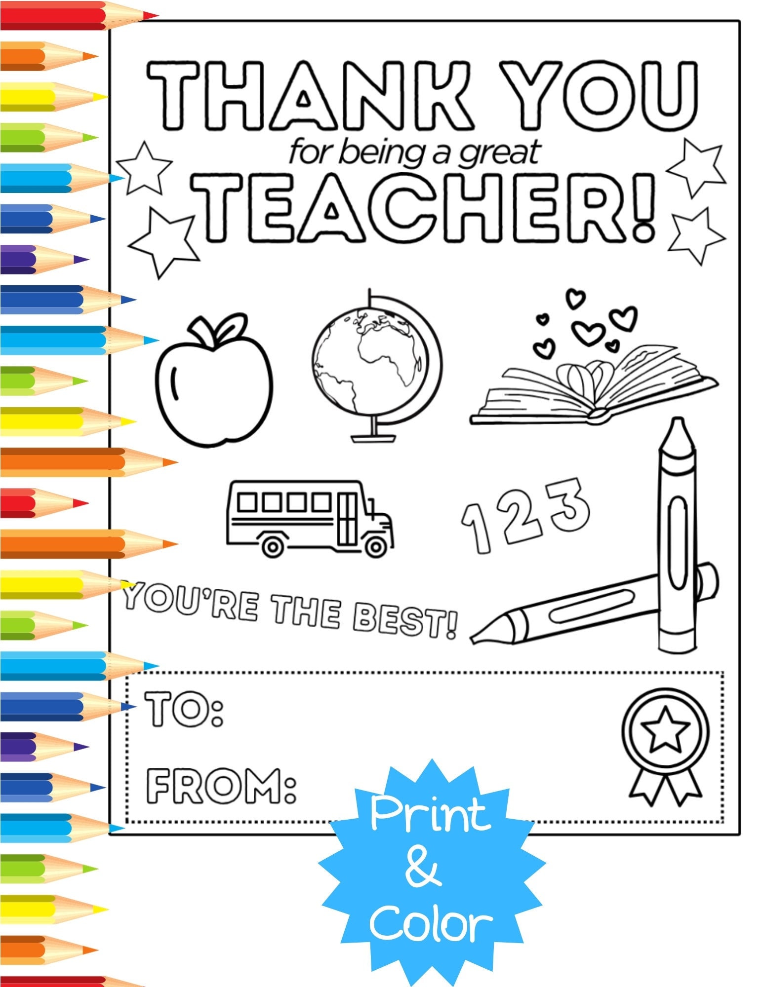 TEACHER: Kids Thank You Teacher Coloring Sheet - Etsy