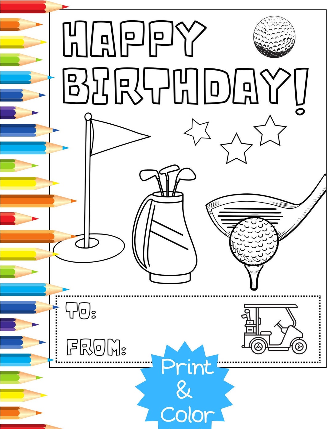 GOLF: Kids Happy Birthday Card Coloring Sheet Printable - Etsy