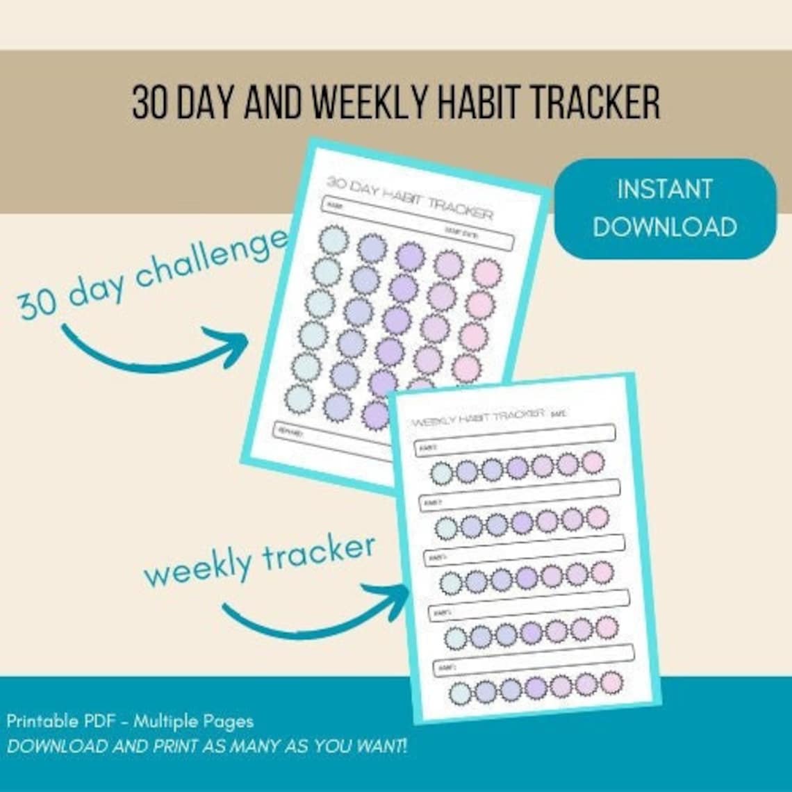 Habit Tracker Printable 30 Day and Weekly, 30 Day Challenge Printable ...