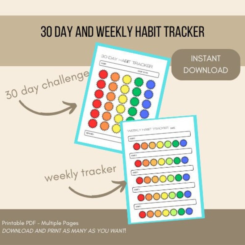 Habit Tracker Printable 30 Day and Weekly, 30 Day Challenge Printable ...