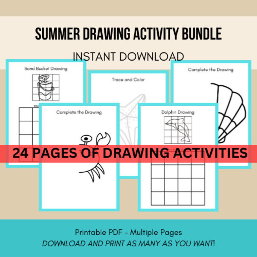 Summer Drawing Activity Bundle Printable, Trace and Color Printable ...