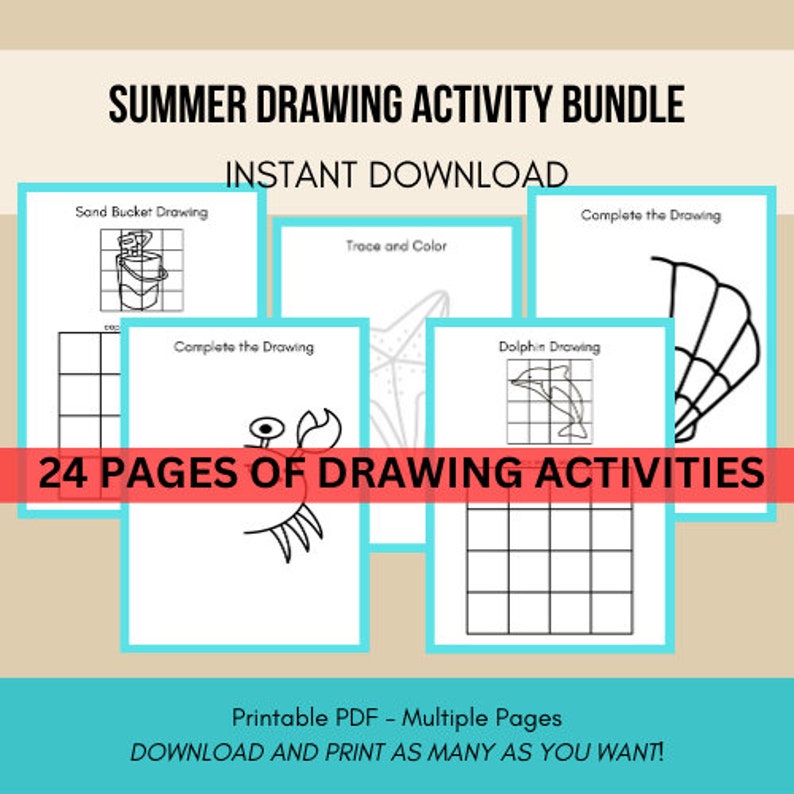 Summer Drawing Activity Bundle Printable, Trace and Color Printable ...