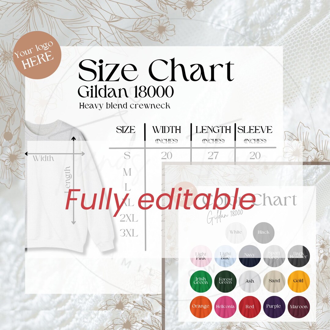 Gildan Size Chart, Editable Gildan 18000 Color Chart Mockups, Gildan ...
