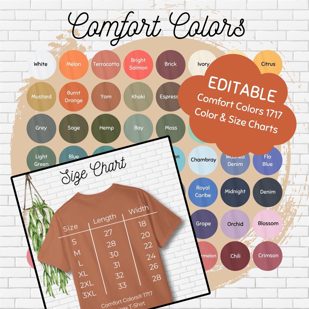 Editable Comfort Colors 1717 Size Chart, Size Chart Mockup, Comfort ...