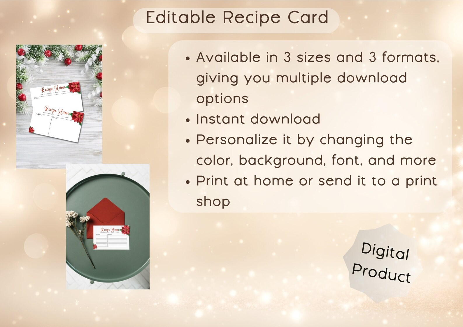 Christmas Recipe Card Template 4x6 3x5 5x7 12 Days of Christmas Gift ...