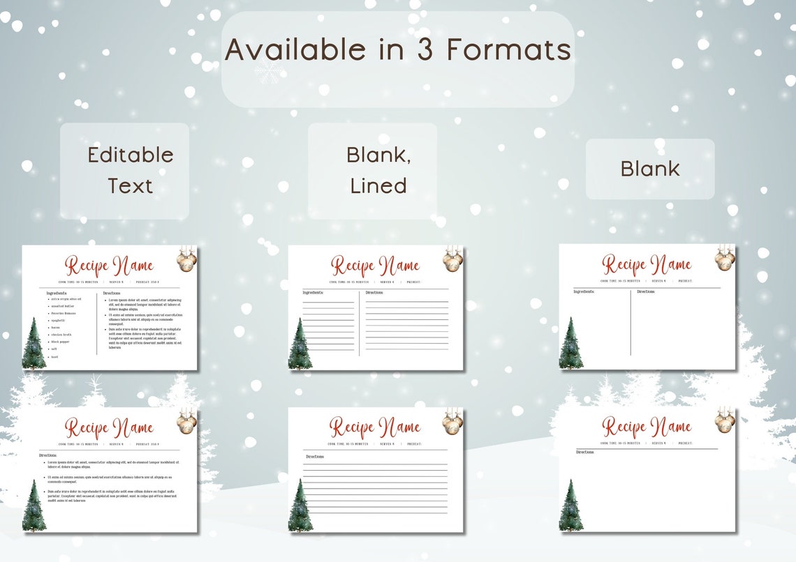 Holiday Recipes Card Template 4x6 3x5 5x7 Printable Cards for Holiday ...