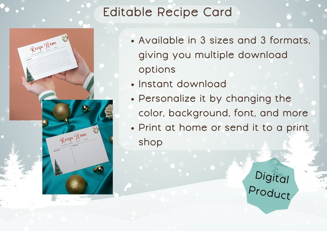 Holiday Recipes Card Template 4x6 3x5 5x7 Printable Cards for Holiday ...