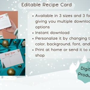 Holiday Recipes Card Template 4x6 3x5 5x7 Printable Cards for Holiday ...