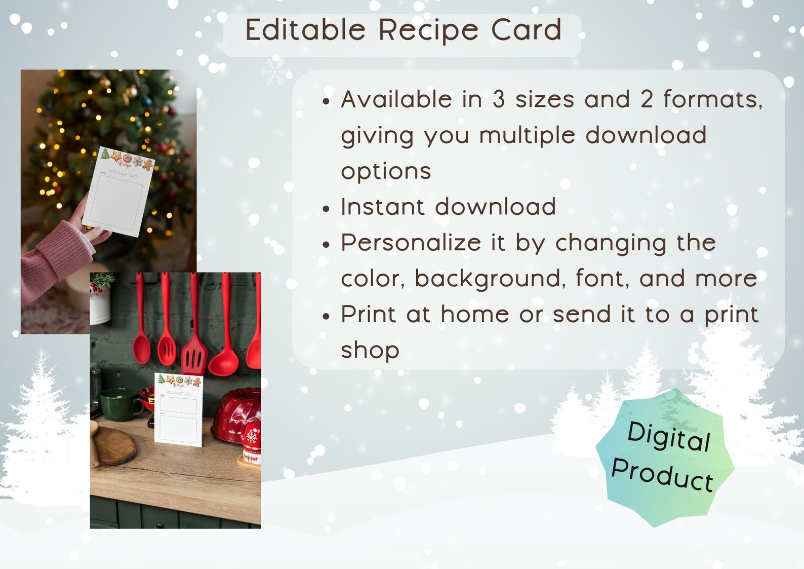 Christmas Cookies Recipe Card Template 4x6 3x5 5x7 Vertical Printable ...