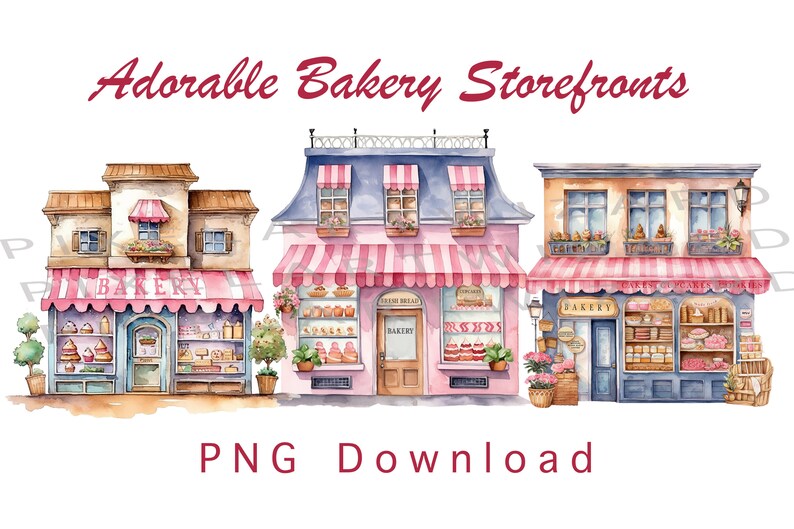 Watercolor Bakery Storefronts Clipart Cute Bakery Shop Cafe PNG Format ...