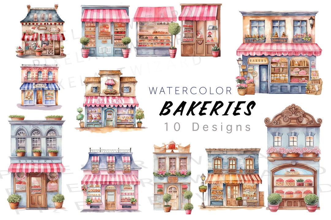 Watercolor Bakery Storefronts Clipart Cute Bakery Shop Cafe PNG Format ...