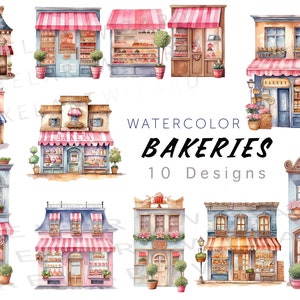 Watercolor Bakery Storefronts Clipart Cute Bakery Shop Cafe - Etsy
