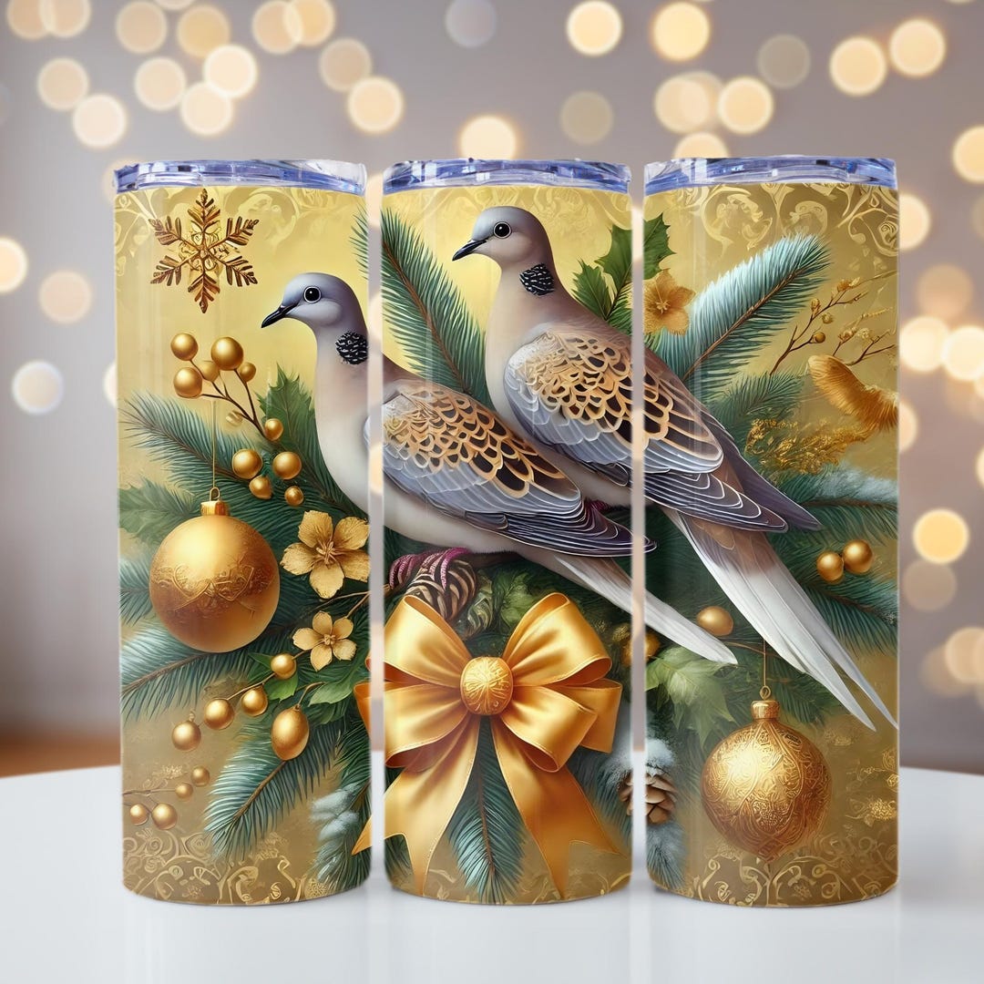 Holiday Turtle Doves PNG, Golden Turtle Doves Ornaments & Pine ...