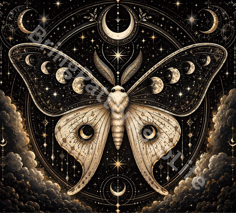 Celestial Moon Phases Moth Tumbler Wrap, Moon & Stars Moth Png ...