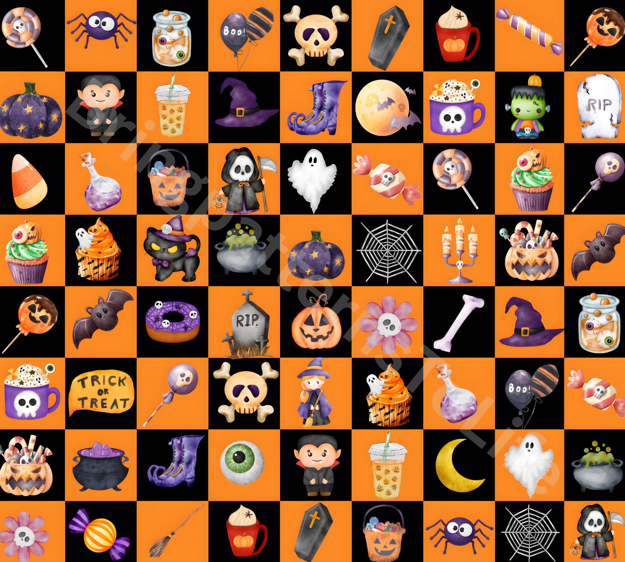 Checkerboard Halloween Pattern Png, Cute Halloween Characters Tumbler ...