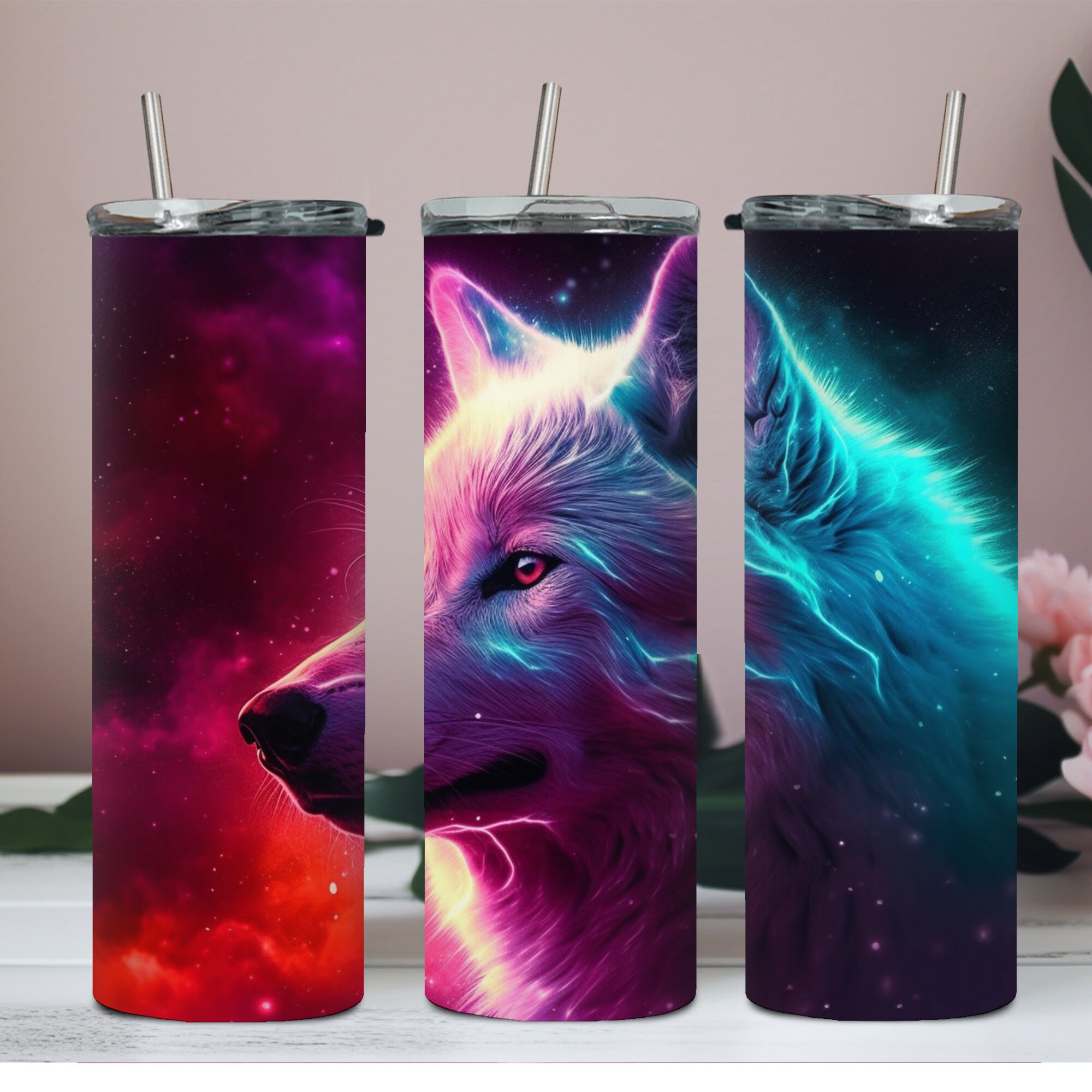 Spectral White Wolf , Synthwave Style, 20oz & 30oz Skinny Tumbler Wrap ...