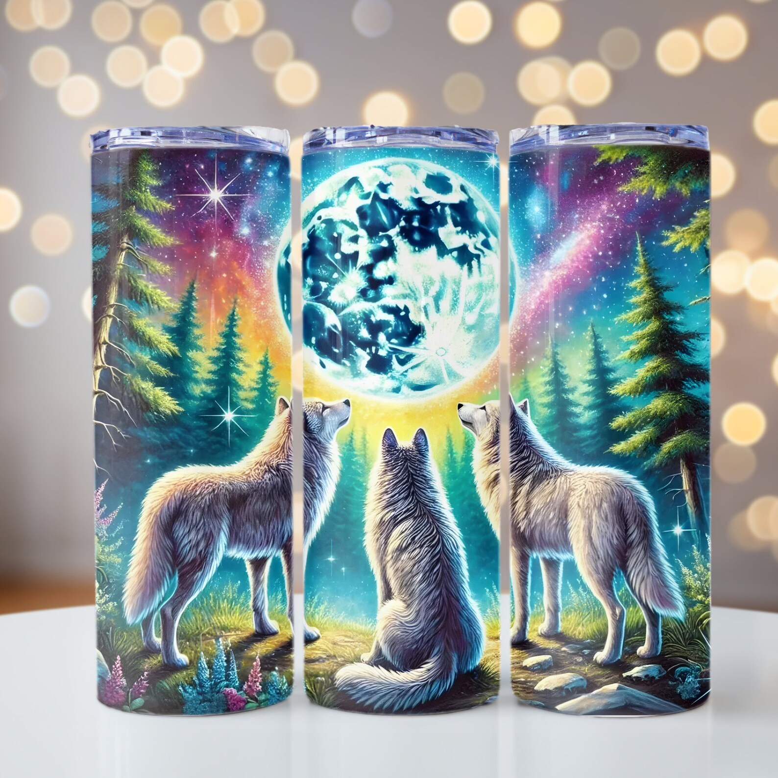 Three White Wolves Full Moon, Wolves Celestial Sky PNG, Wolves Tumbler ...