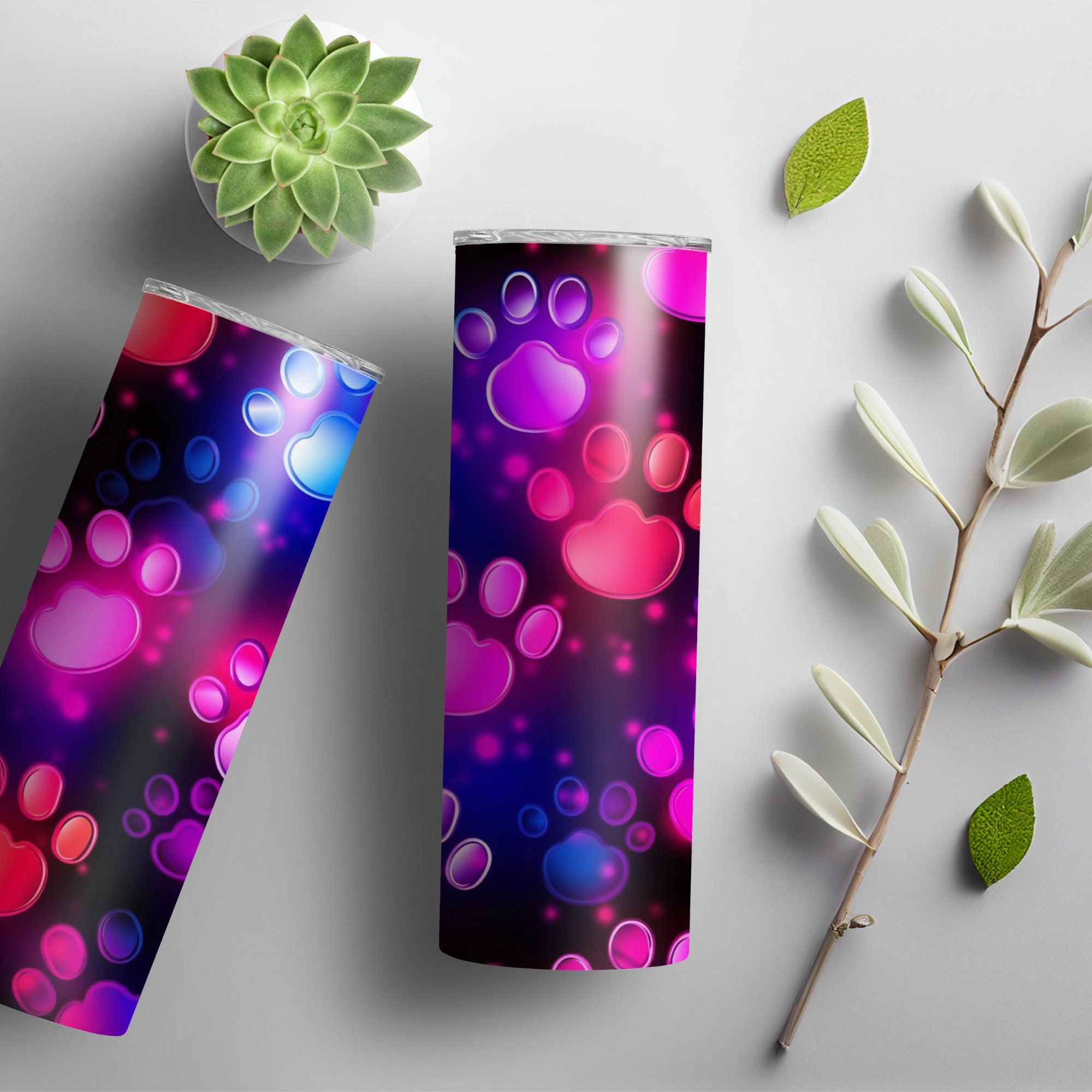 Neon Dog Paw Prints in Pink Purple & Blue 20oz Skinny Tumbler - Etsy