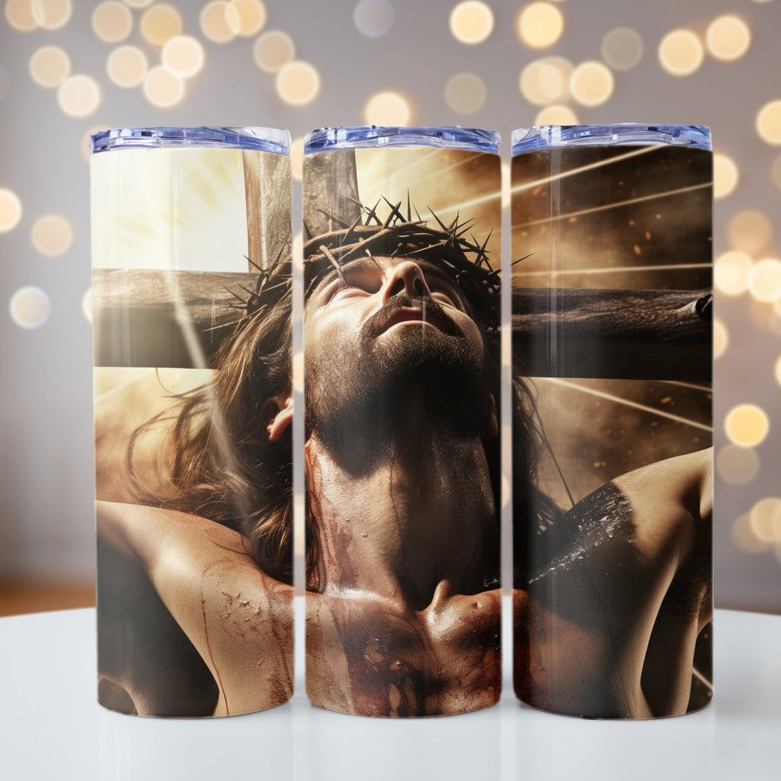 Jesus Christ Crucified on the Cross With Powerful Light, 20oz Skinny ...