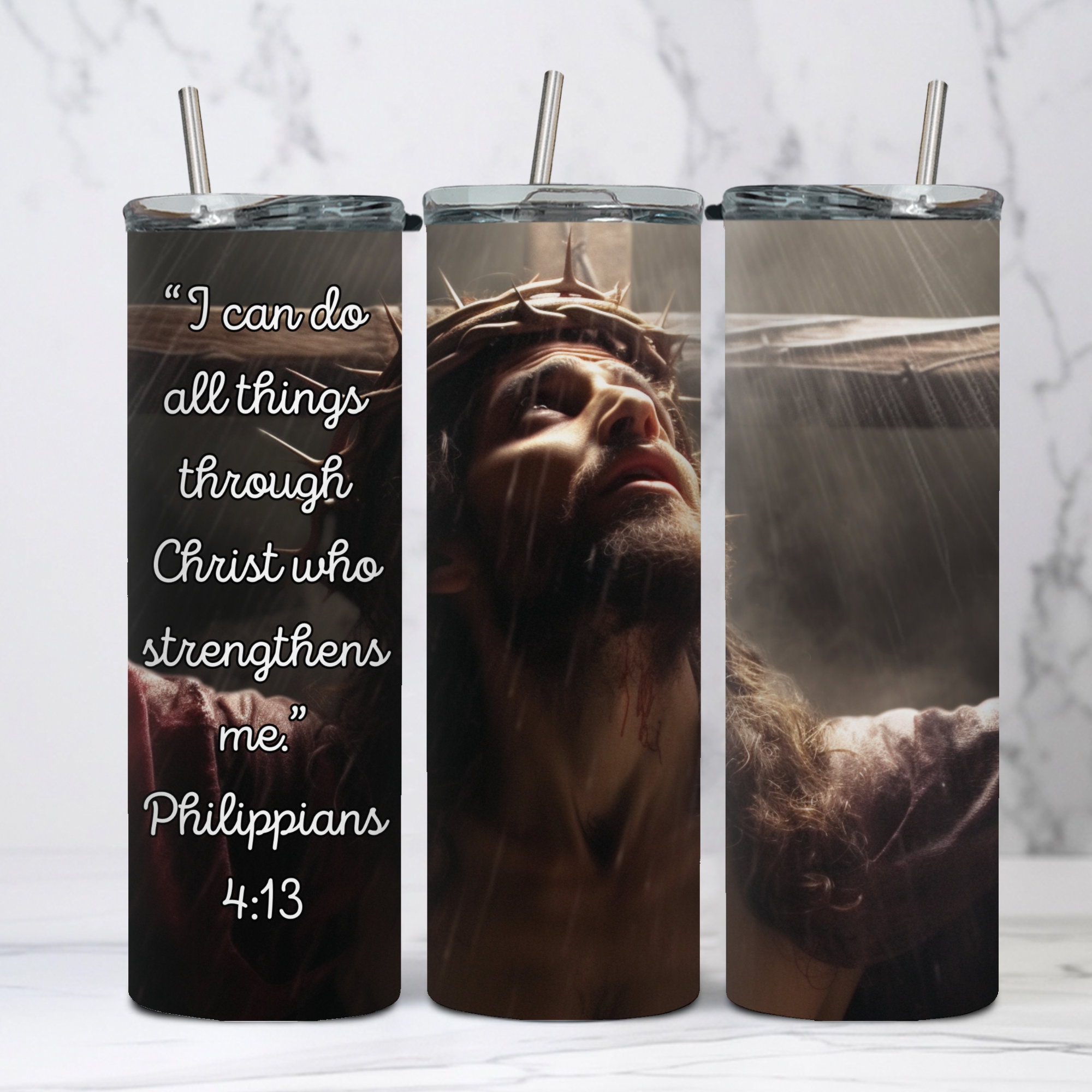 Jesus on the Cross, Philippians 4:13 Bible Verse, 20oz Skinny Tumbler ...