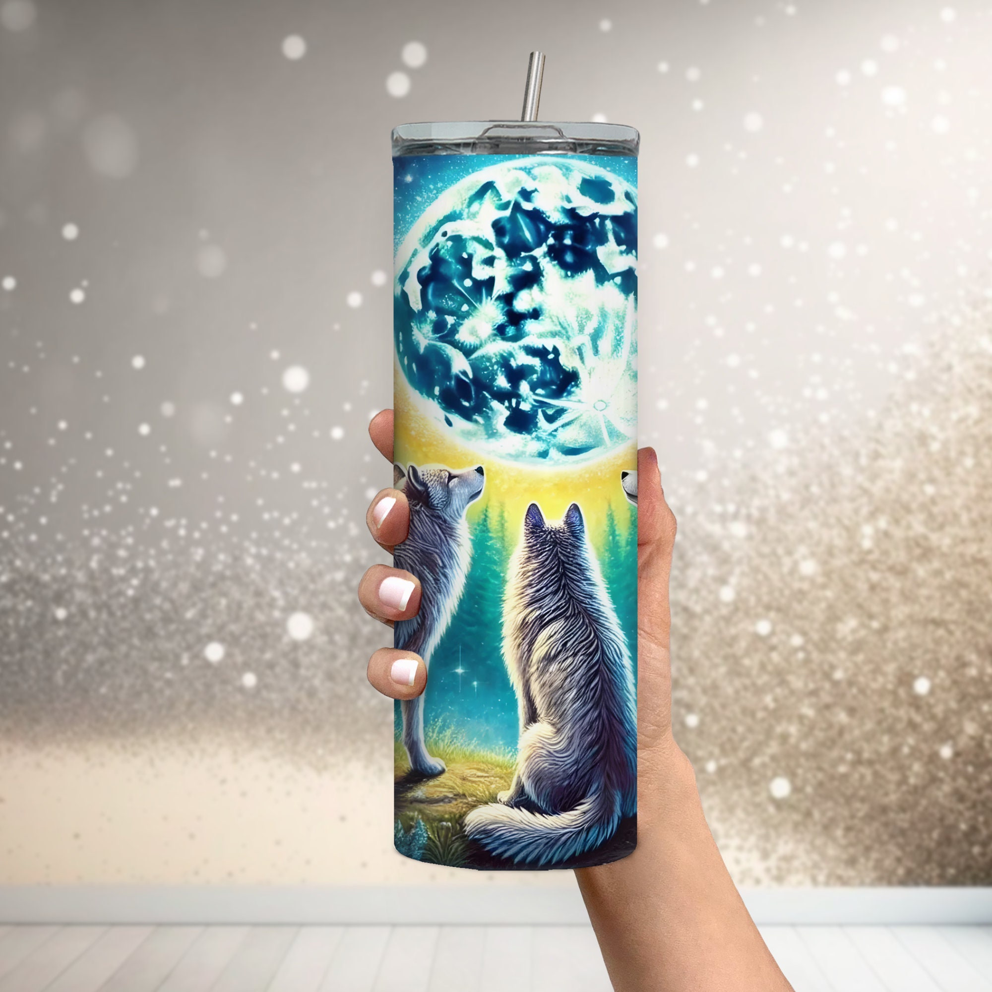 Three White Wolves Full Moon, Wolves Celestial Sky PNG, Wolves Tumbler ...