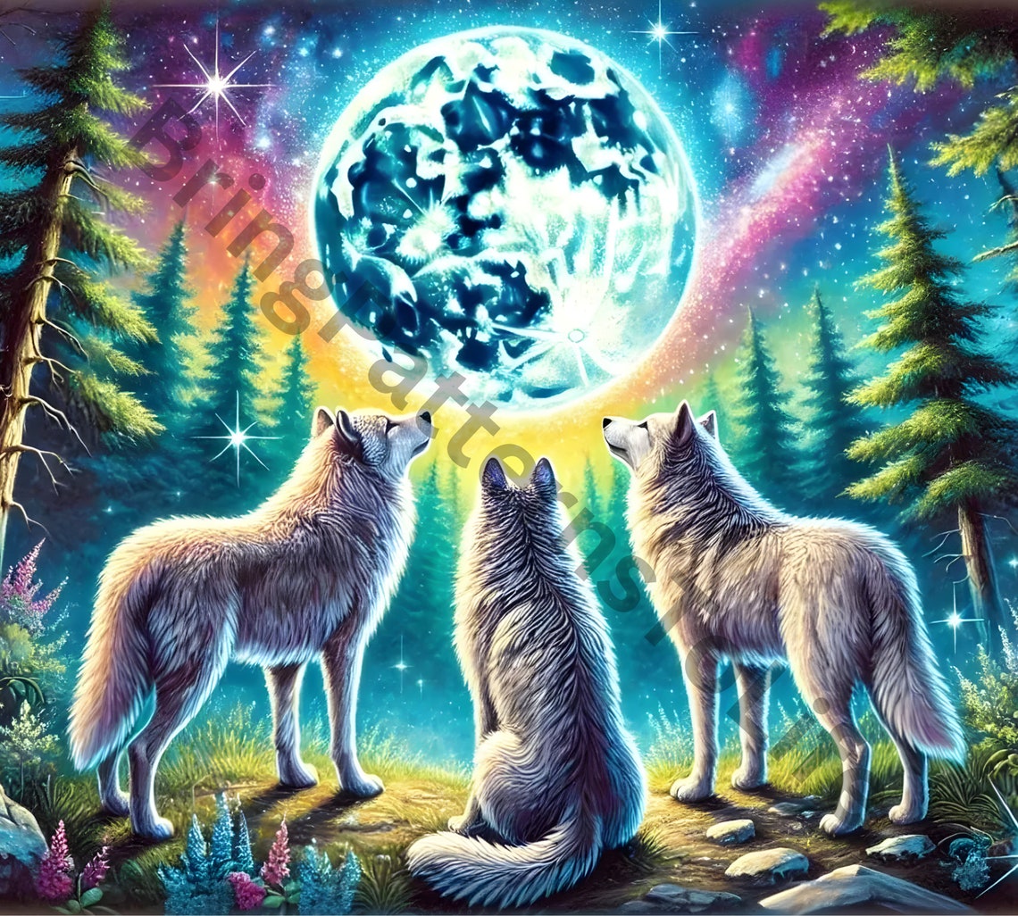 Three White Wolves Full Moon, Wolves Celestial Sky PNG, Wolves Tumbler ...