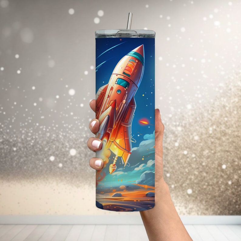 Cartoon Space Rocket Taking off From Another Planet, 20oz Skinny ...